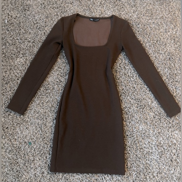 Zara | Dresses | Zara Square Neck Brown Dress Mini Midi Dress | Poshmark